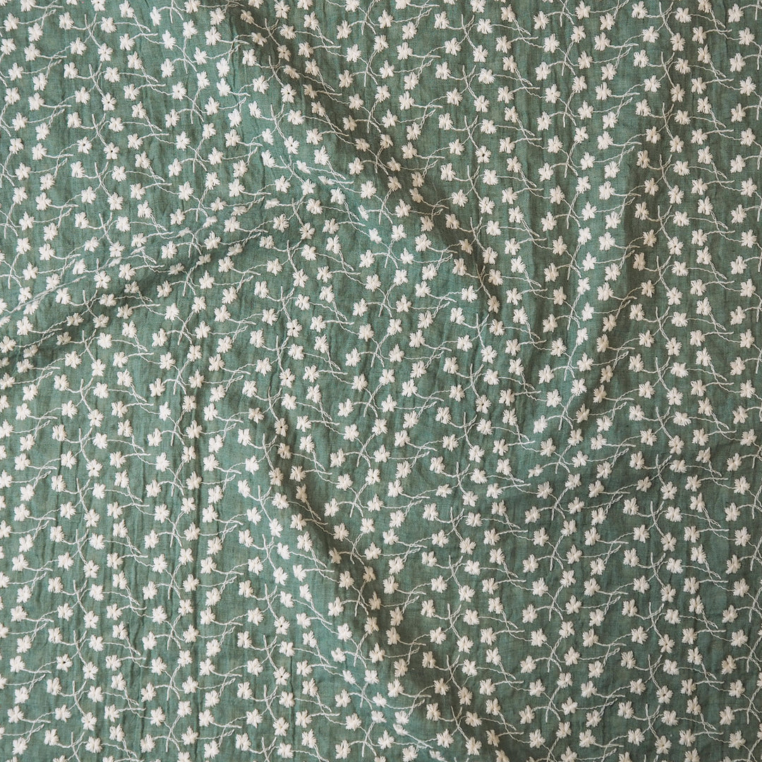 Bay Leaf Blossom Embroidered Cototn Vole Fabric | Guthrie & Ghani