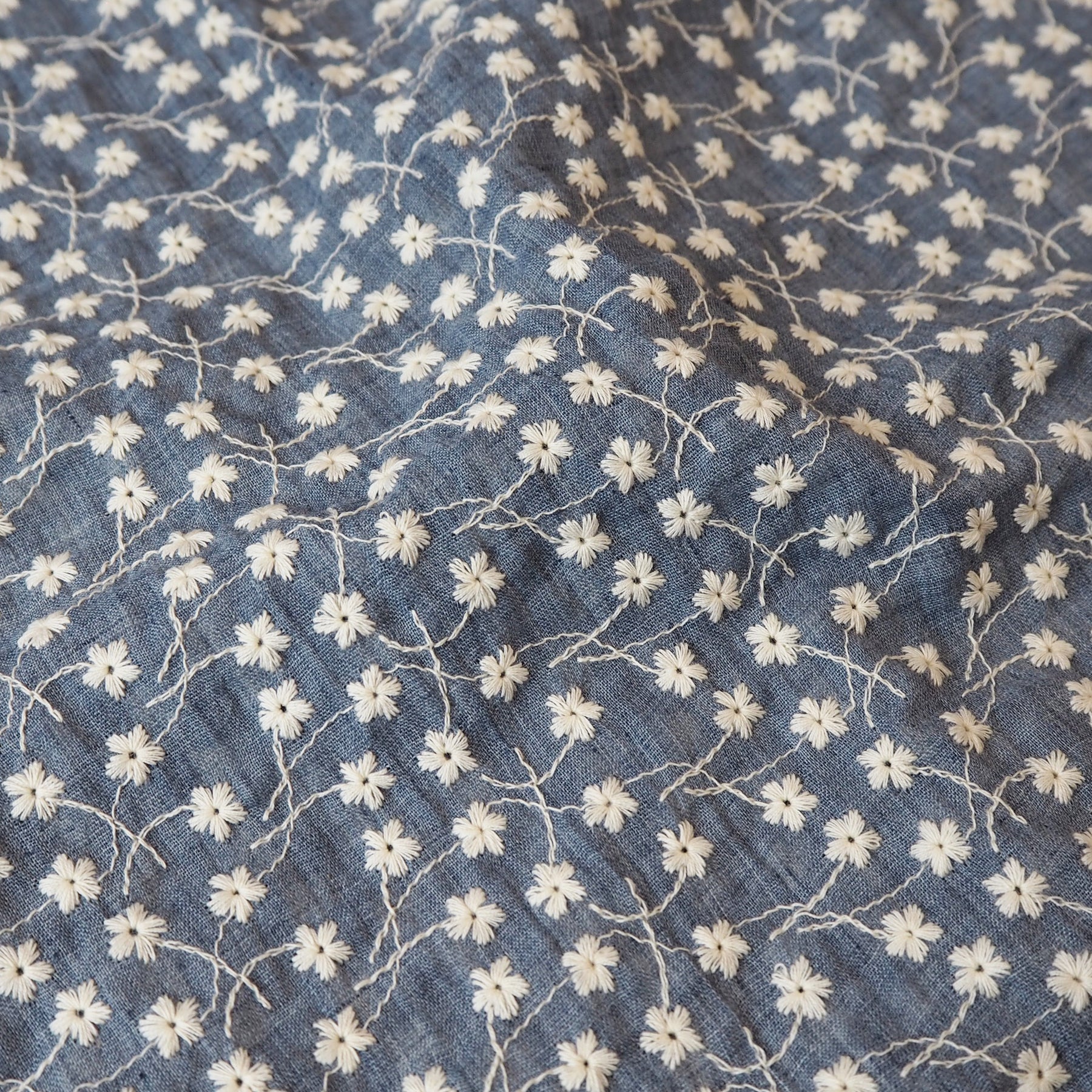 Denim Blossom Embroidered Cototn Vole Fabric | Guthrie & Ghani