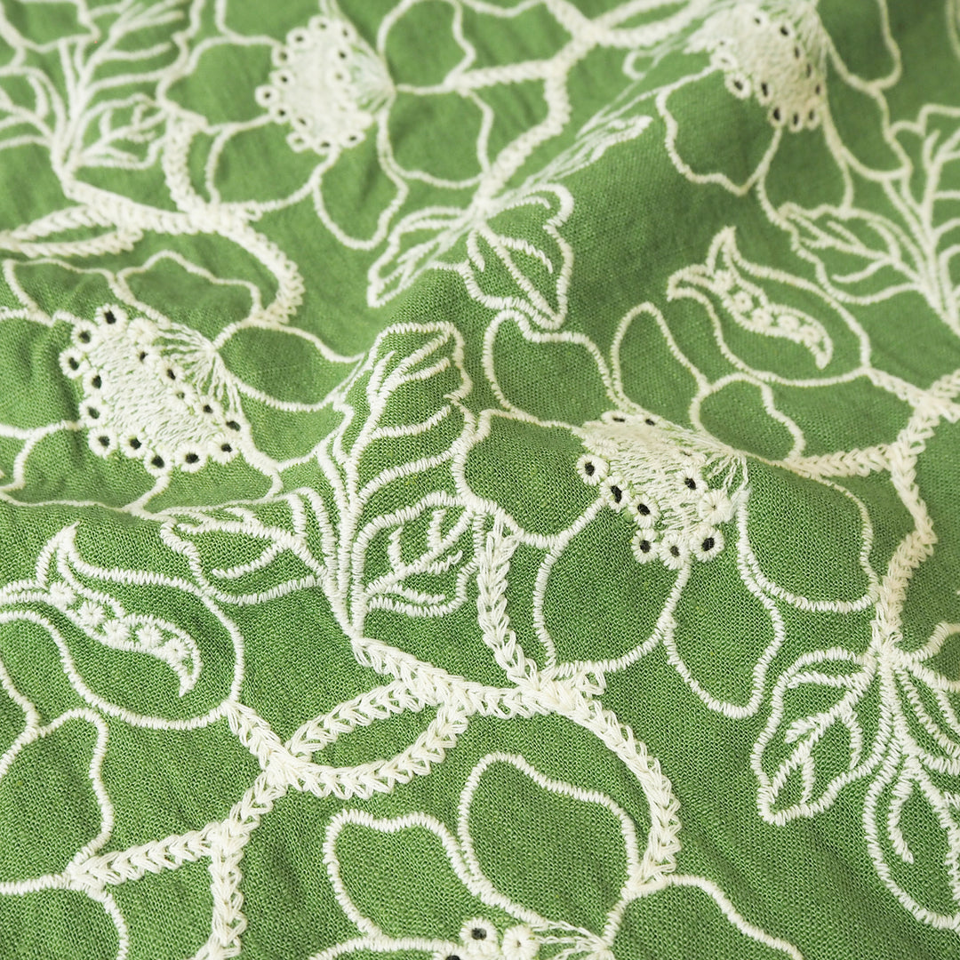 Palm Green Floral Embroidered Viscose Linen Blend Fabric | Guthrie & Ghani