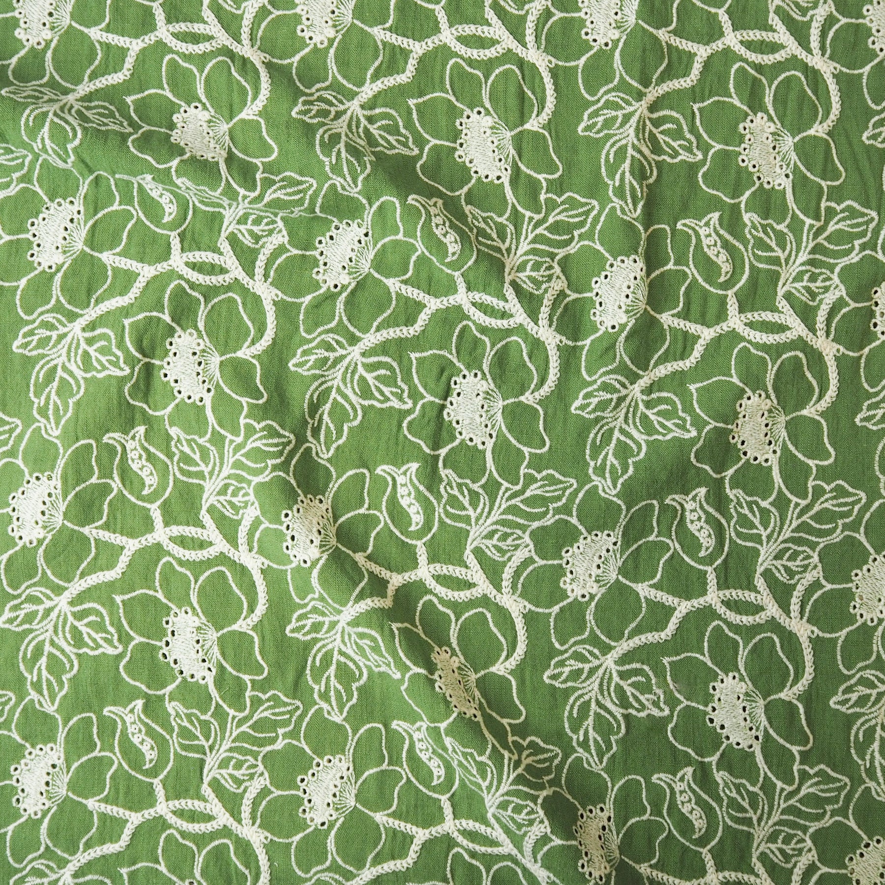 Palm Green Floral Embroidered Viscose Linen Blend Fabric | Guthrie & Ghani