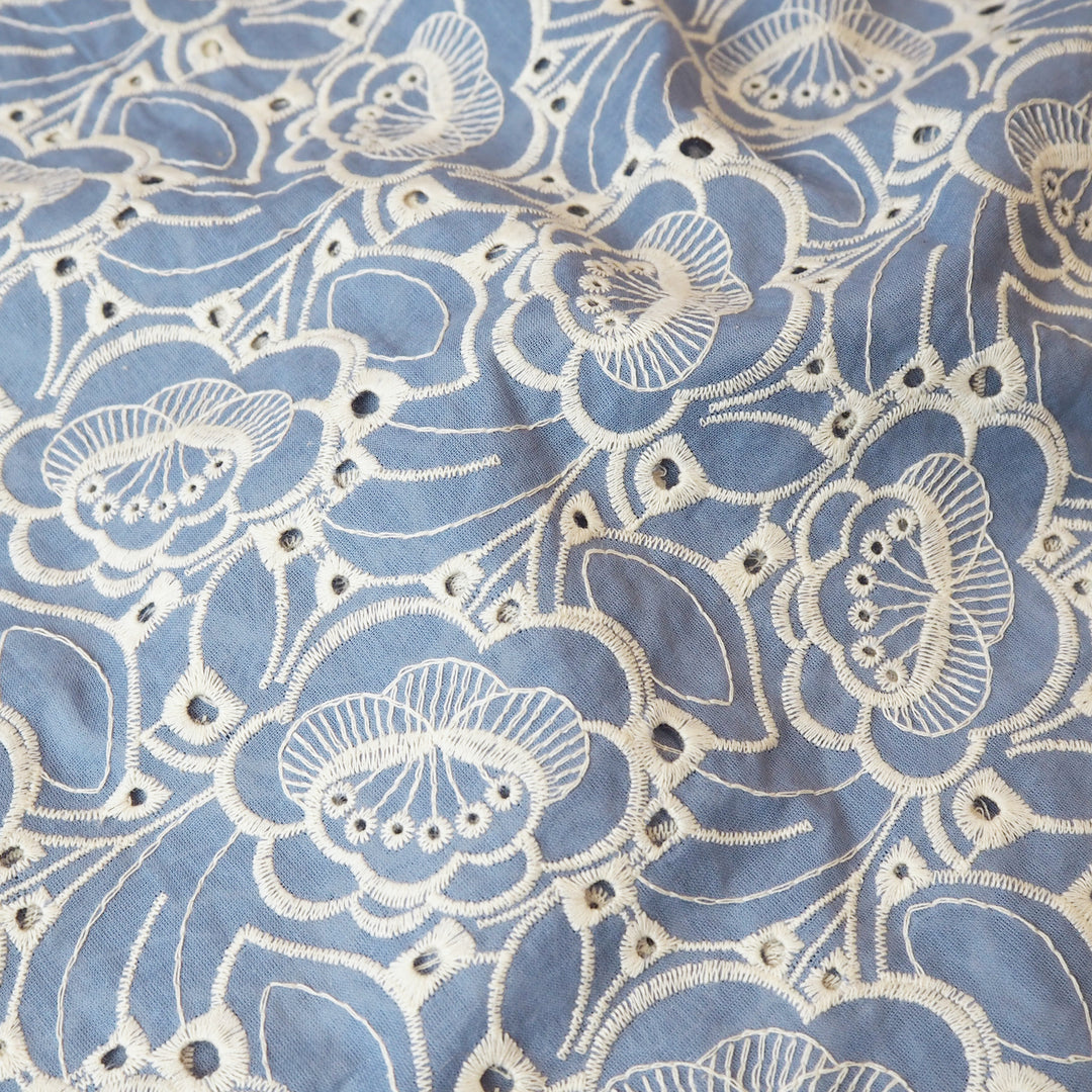 Sky Puzzle Floral Embroidered Cotton Poplin Fabric | Guthrie & Ghani